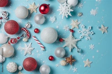 흰색과 빨간색 크리스마스 트리 장식 디스코 볼이 있는 파란 배경 인공지능 생성 素材庫插圖 Adobe Stock
