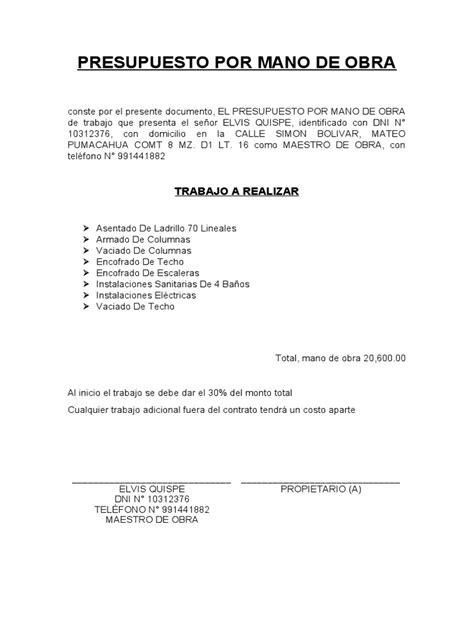 Presupuesto Por Mano De Obra Pdf