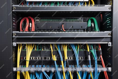 Network Switch And Ethernet Cables In Rack Cabinet Premium Ai Generated Image