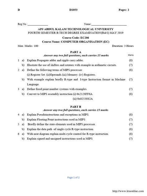 btech ec 4 sem computer organisation d1053 may 2019 download free pdf