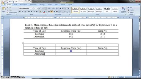 APA Formatted Table In MS Word 2010 A Table