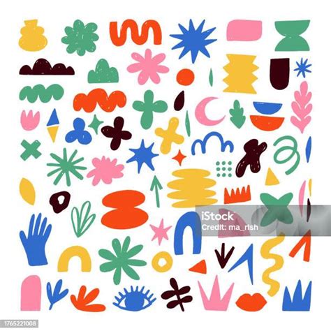 손으로 그린 순진하고 기괴한 추상적인 기하학적 모양과 형태 현대 현대 인물 다양한 유기적 모양 및 낙서 개체 벡터 그래픽 요소 모양에 대한 스톡 벡터 아트 및 기타 이미지