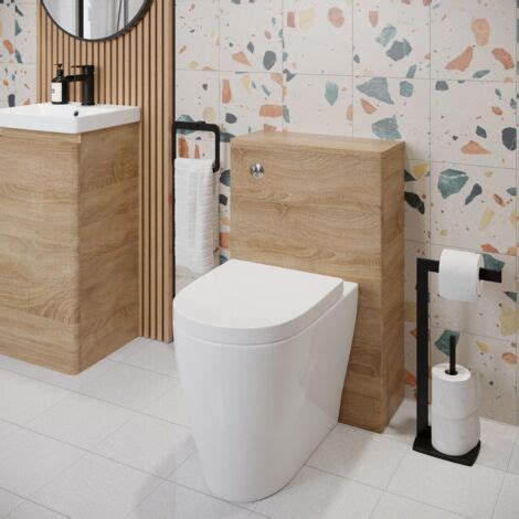 Bathroom Toilet WC Concealed Cistern Unit Pan Soft Close Seat Wood Effect 500mm