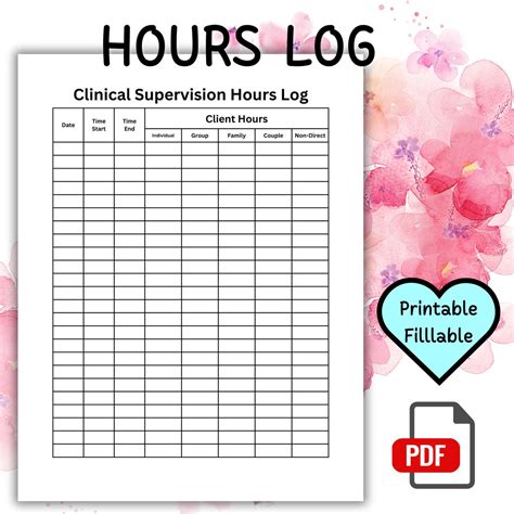 Clinical Supervision Tracking Form Clinical Hours Log Printable Fillable Pdf Template Mental