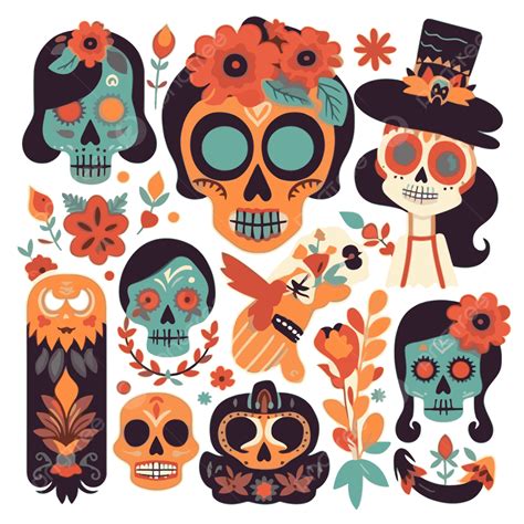 디아 드 무에르토스 벡터 해골 만화로 설정된 스티커 클립 아트 Dia De Los Muertos 상표 클립 아트 Png 일러스트 및 벡터 에 대한 무료 다운로드