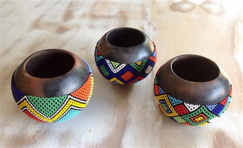 Zulu Pottery Round Vase With Beadwork Sold Ants And Mustard Unique