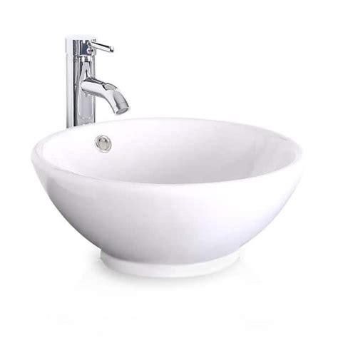 Eclife White Ceramics Round Vessel Sink With Overflow Chrome Faucet Pop