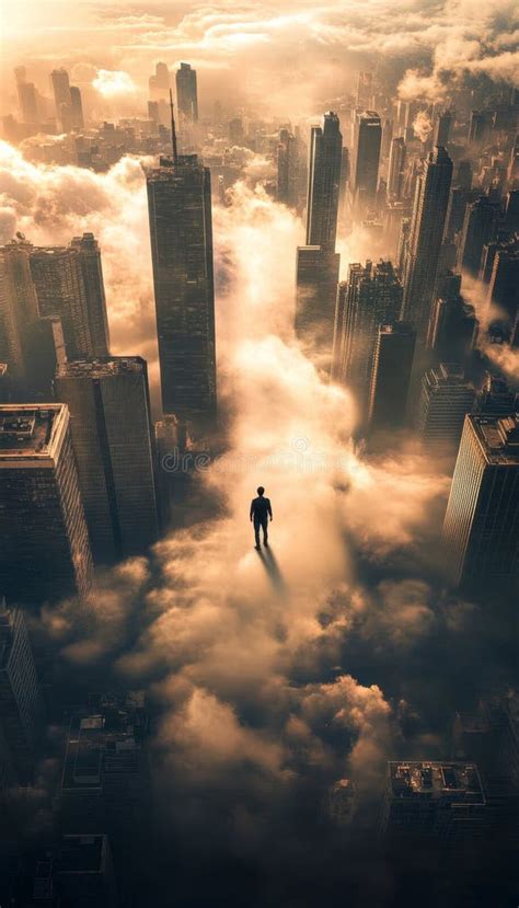 A Man Surrounded By Ethereal Clouds And Urban Structures Evoking