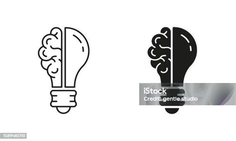 전구 영감 지식 스마트 솔루션 라인 및 실루엣 아이콘 세트 인간의 두뇌와 전구 아이디어 픽토그램 흰색 배경에 혁신 상징 격리된 벡터 그림 개념에 대한 스톡 벡터 아트 및