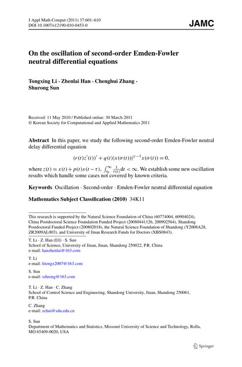 Pdf On The Oscillation Of Second Order Emden Fowler Neutral Differential Equations
