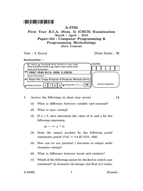 A 3705 First Year Bca Sem I Cbcs Examination March April 2015 Paper 104 Computer