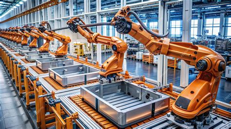 Advanced Orange Industrial Robot Arms Assemble Ev Battery Pack On