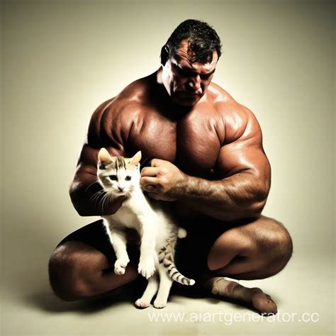Muscular Wrestler Tenderly Caresses Tiny Kitten Ai Art Generator