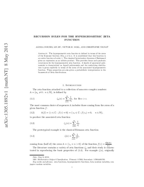 Pdf Recursion Rules For The Hypergeometric Zeta Function