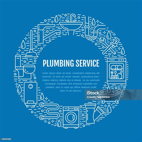 블루 서비스 배너 그림 배관 집 목욕탕 장비 수도 꼭지 화장실 파이프라인 세탁기 물 보일 러의 벡터 라인 아이콘입니다 텍스트에 대 한 장소를 가진 배관공 수리 원 서식 가사