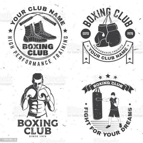 권투 클럽 배지 세트 디자인 벡터 그림입니다 권투 스포츠 클럽 엠블럼 기호 패치 셔츠 템플릿 빈티지 흑백 라벨 복서 스티커 장갑 권투 줄넘기 신발 실루엣 고풍스런에 대한