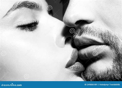 Sensual Passionate Couple Kissing Lips Closeup Of Couple Mouths Kiss
