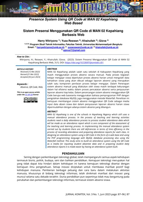 Pdf Presence System Using Qr Code At Man 02 Kepahiang Web Based