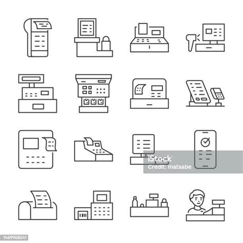 금전 등록기 아이콘을 설정합니다 자동화된 돈 취급 시스템 선형 아이콘 수집 판매 시점에서 거래를 등록하고 계산하기위한 장치