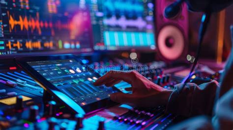 Sound Engineer Working On A Mixing Console With Glowing Screens Displaying Dynamic Audio Waves