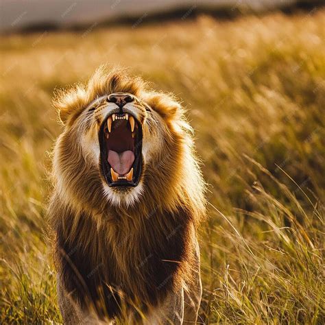 Lone Lion Roaring In The African Savanna Premium Ai Generated Image