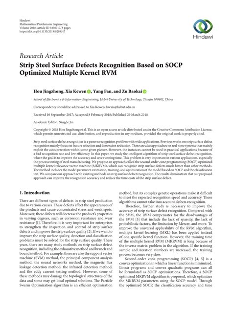 Pdf Strip Steel Surface Defects Recognition Based On Socp Optimized Multiple Kernel Rvm