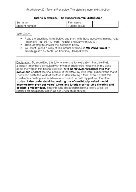 Tutorial 5 Exercise Psych 201 Tutorial 5 Exercise The Standard