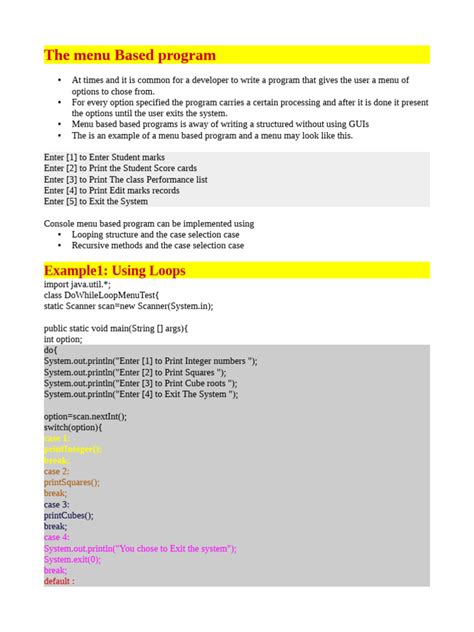 menu based program and formatted output examples pdf