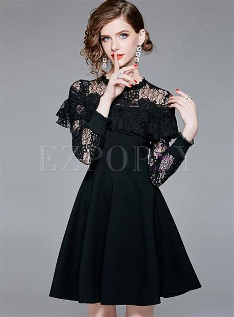 Lace Hollow Out Contrast O Neck Long Sleeves Mini A Line Dresses A