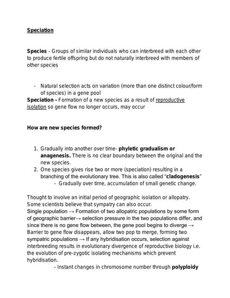 Speciation Comprehensive Notes Biology Level 3 Ncea Thinkswap