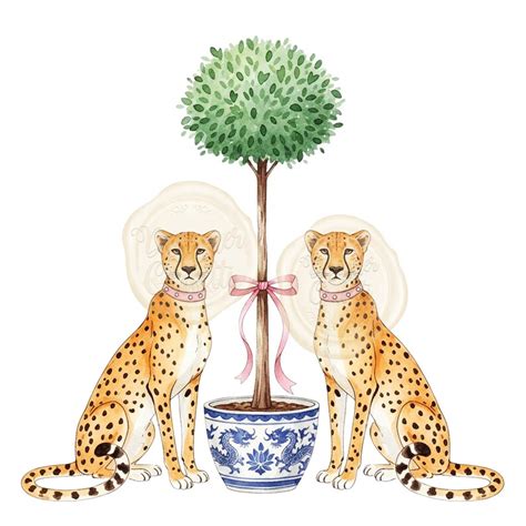 Watercolor Leopard Topiary Tree Bow Preppy Clipart Cheetahs Grand