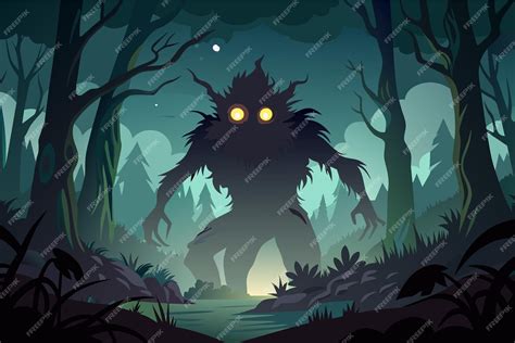 Illustration Of A Mystical Forest At Night With A Large Shadowy