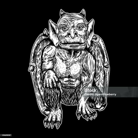 신화의 고대 가고일 생물은 박쥐 날개와 뿔키메라처럼 인간과 용을 생물 좌석 위치에 날카로운 송곳니와 발톱신화 가구유 손으로 그린 스케치가 새겨져 있습니다 벡터 가공의 인물에