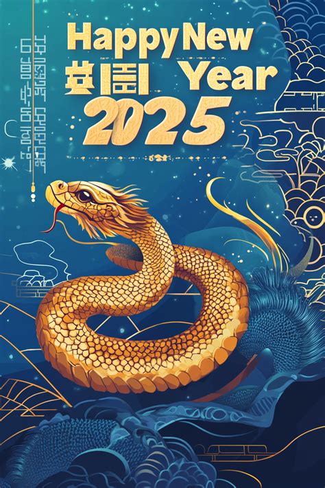 2025년 새해를 맞이하는 화려하고 생동감 넘치는 포스터 디자인 중앙에는 우아하게 휘감고 있는 뱀이 있으며 뱀의 비늘은 황금빛으로 반짝이며 빛을 반사한다 배경은