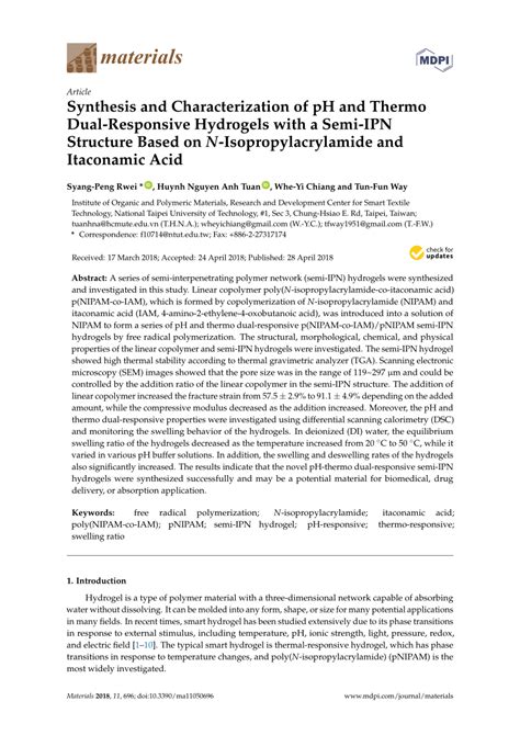 Pdf Synthesis And Characterization Of Ph And Thermo Dual Responsive Hydrogels With A Semi Ipn