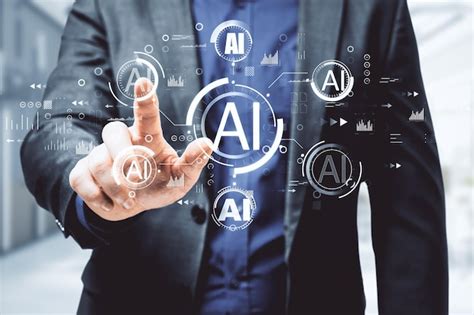 창의적 인 인공지능 홀로그램을 가리키는 사업가 손은 흐릿한 사무실 인테리어 배경 인공 지능 Ai 기술 및 통신 개념 더블 노출 프리미엄 사진