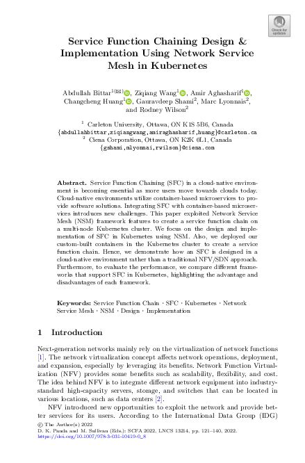pdf service function chaining design and implementation using network service mesh in kubernetes