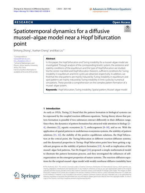 Pdf Spatiotemporal Dynamics For A Diffusive Mussel Algae Model Near A Hopf Bifurcation Point