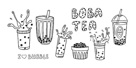 손으로 그린 버블티 테마 요소와 레터링 세트입니다 나는 버블티를 좋아한다 벡터 일러스트 레이 션 보바 밀크티 진주 밀크티 맛있는 음료 배너 손으로 그린 귀여운에 대한 스톡