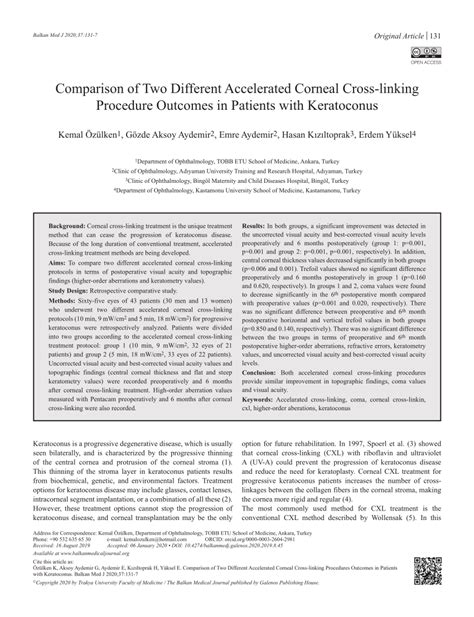 Pdf Comparison Of Two Different Accelerated Corneal Cross Linking Procedure Outcomes In