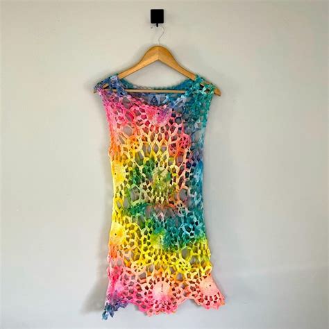 UNIF Tops Unif Sleeveless Knit Granny Square Doily Afghan Ice Dye Rainbow Tunic Top Dress