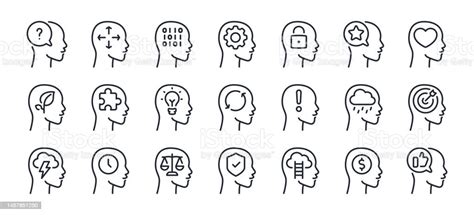 인간의 머리와 감정은 흰색 배경 평면 벡터 그림에 격리된 편집 가능한 스트로크 개요 아이콘과 관련이 있습니다 완벽한 픽셀 64 엑스 64 머리에 대한 스톡 벡터 아트 및