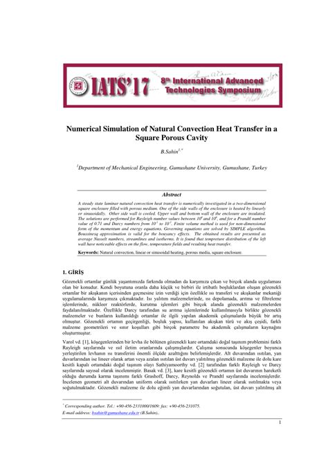Pdf Numerical Simulation Of Natural Convection Heat Transfer In A Square Porous Cavity