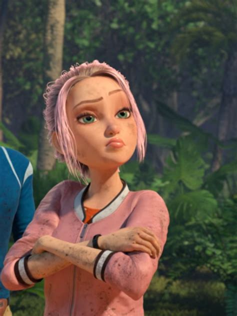 Two People Standing Next To Each Other In Front Of Trees And Bushes One With Pink Hair