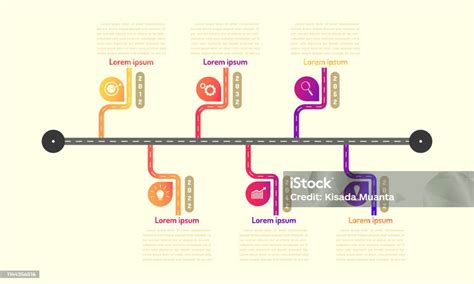 지하철 로드맵 마크 포인트 그래프를 사용 하 여 타임 라인 요소 검색 기어 대상 아이콘을 생각 합니다 벡터 일러스트 레이 션 Eps10 0명에 대한 스톡 벡터 아트 및 기타