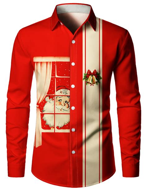 Mens Christmas Retro Santa Claus Red Long Sleeve Shirt Joliplacard
