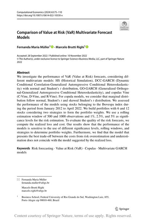 Comparison Of Value At Risk Var Multivariate Forecast Models Request Pdf