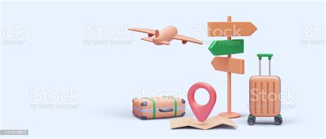 비행기 포인터 지도 여행 가방이 있는 3d 현실적인 스타일의 여행 배너 벡터 그림 3차원 형태에 대한 스톡 벡터 아트 및 기타 이미지 3차원 형태 여행 가방 비행기