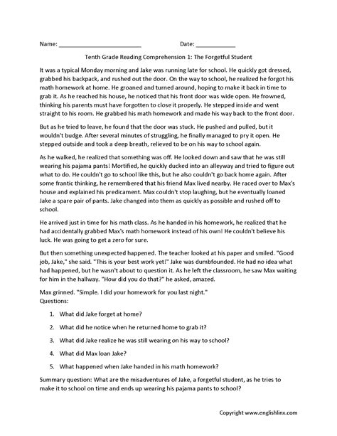 10th Grade Reading Comprehension Worksheets Valentines Day Reading