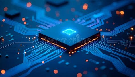 Close Up Of A High Tech Circuit Board With Illuminated Processor Stock Illustration